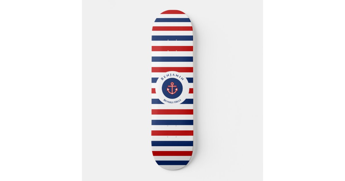 Nautical Marine Navy Blue Red White Stripes Skateboard | Zazzle