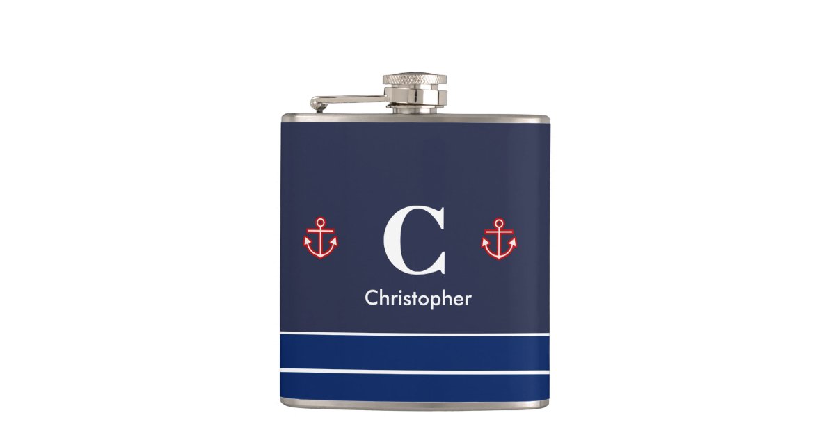 Nautical Marine Navy Blue White Stripes Hip Flask | Zazzle