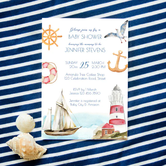 Nautical marine sailing theme boy baby shower invitation | Zazzle