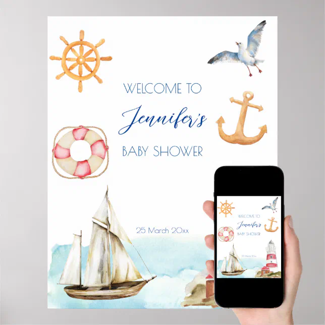 Nautical marine sailing theme boy baby shower poster | Zazzle