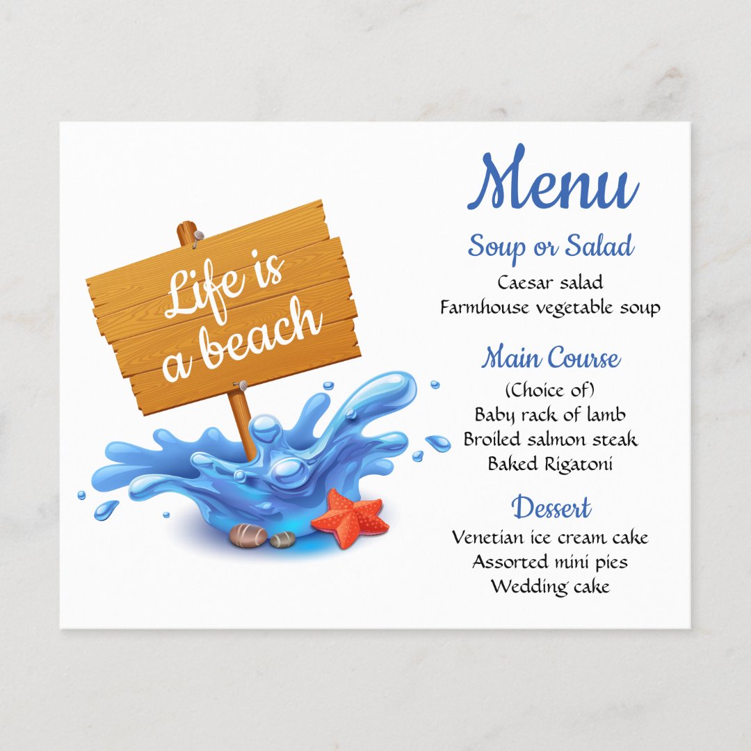 Nautical Menu Blue Beach Ocean Wedding Party | Zazzle