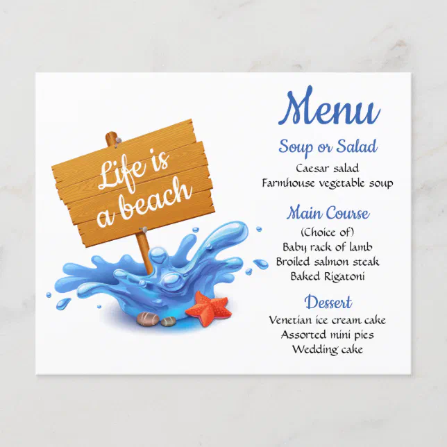 Nautical Menu Blue Beach Ocean Wedding Party | Zazzle
