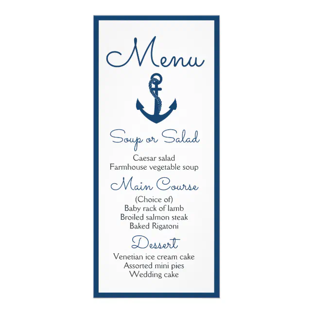 Nautical Menu Navy Blue Anchor Wedding Ocean | Zazzle