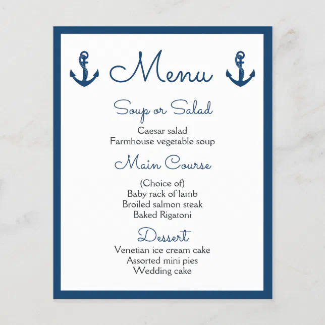 Nautical Menu Navy Blue Wedding Ocean Beach Sailor | Zazzle