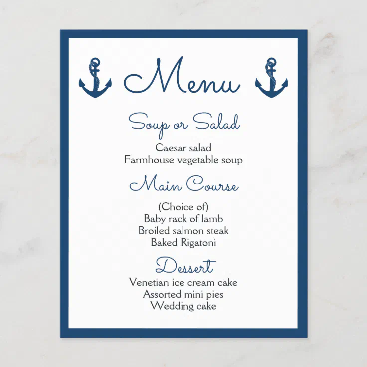 Nautical Menu Navy Blue Wedding Ocean Beach Sailor | Zazzle