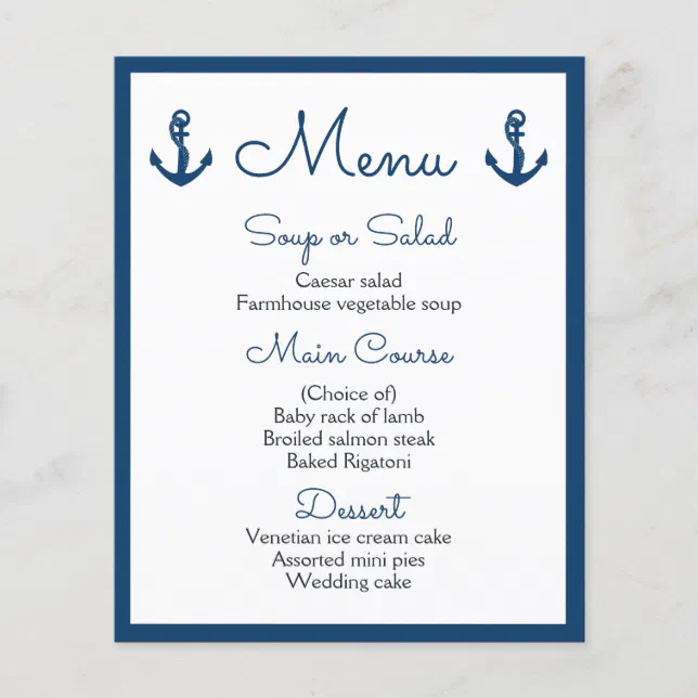 Nautical Menu Navy Blue Wedding Ocean Beach Sailor | Zazzle