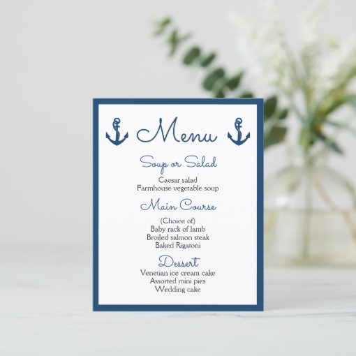 Nautical Menu Navy Blue Wedding Ocean Beach Sailor | Zazzle