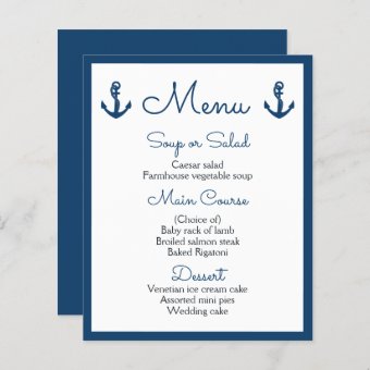 Nautical Menu Navy Blue Wedding Ocean Beach Sailor | Zazzle