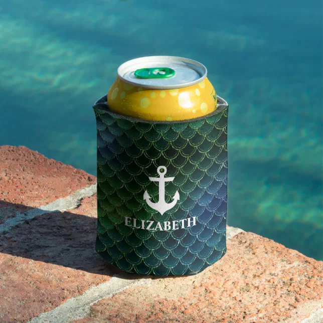 Nautical Mermaid Pattern Anchor Name Can Cooler | Zazzle