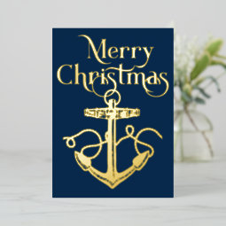 Nautical Merry Christmas Anchor Navy Gold Foil Holiday Card | Zazzle