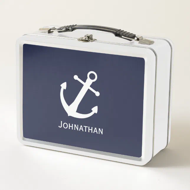 Nautical Midnight Blue & White Anchor Name Text Metal Lunch Box | Zazzle