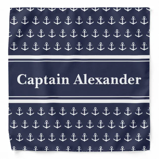 Nautical Midnight Blue White Anchors Captain Name Bandana | Zazzle