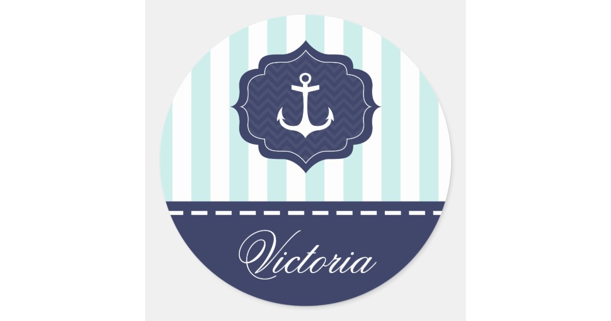 Nautical Mint Navy Blue Anchor Custom Name Classic Round Sticker | Zazzle