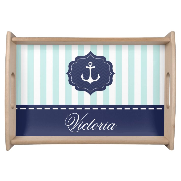Nautical Mint Navy Blue Anchor Custom Name Serving Tray | Zazzle