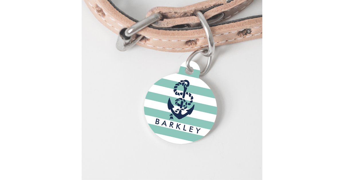 Nautical Mint Stripe & Navy Anchor Personalized Pet Name Tag | Zazzle