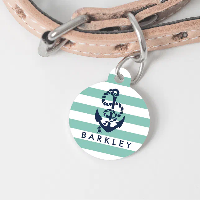 Nautical Mint Stripe & Navy Anchor Personalized Pet Name Tag | Zazzle