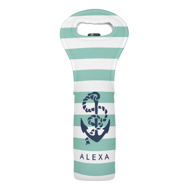 Nautical Mint Stripe & Navy Anchor Personalized Wine Bag | Zazzle