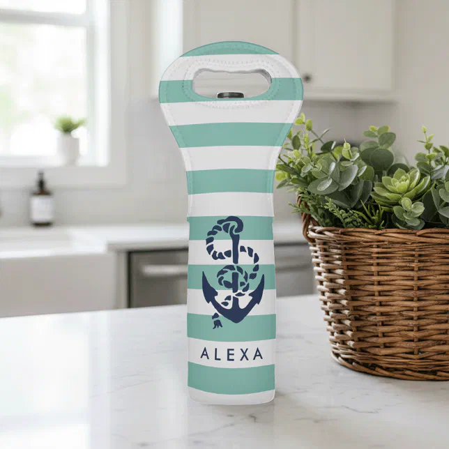 Nautical Mint Stripe & Navy Anchor Personalized Wine Bag | Zazzle