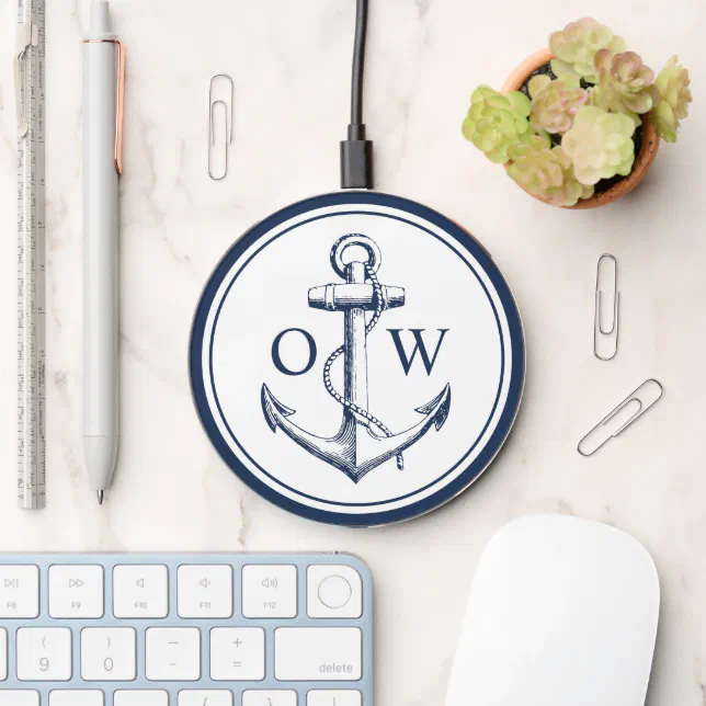 Nautical Monogram Anchor Navy White Wireless Charger | Zazzle