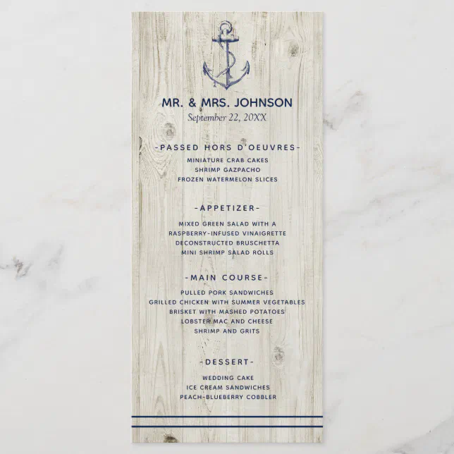 Nautical Navy Anchor Sea Rustic Wood Wedding Menu | Zazzle