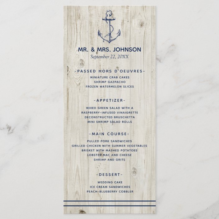Nautical Navy Anchor Sea Rustic Wood Wedding Menu | Zazzle.com