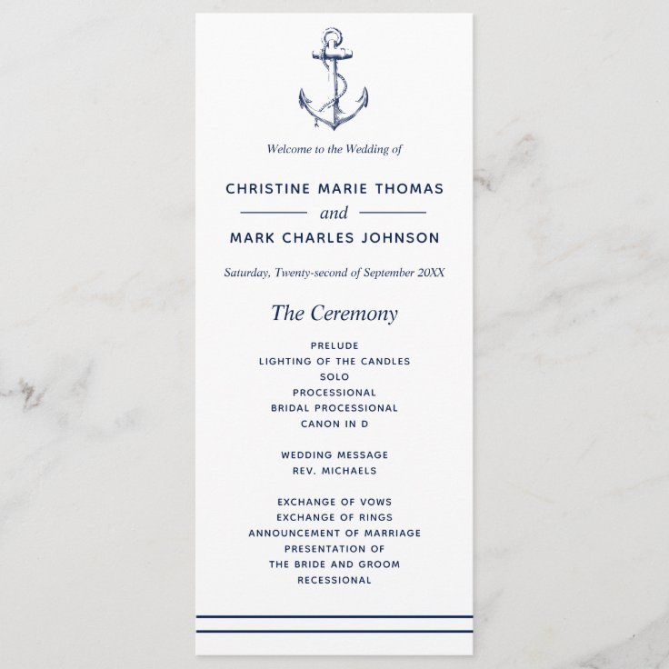Nautical Navy Anchor Wedding Program | Zazzle