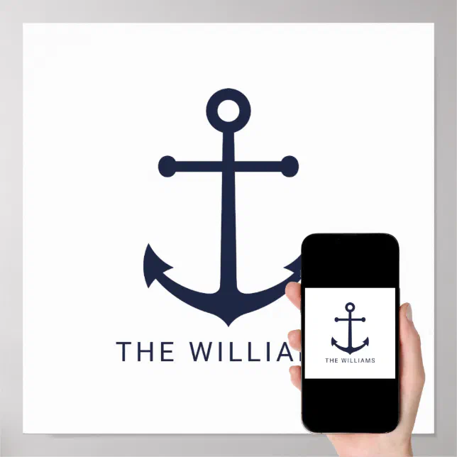 Nautical Navy Blue Anchor and Custom Name Poster | Zazzle