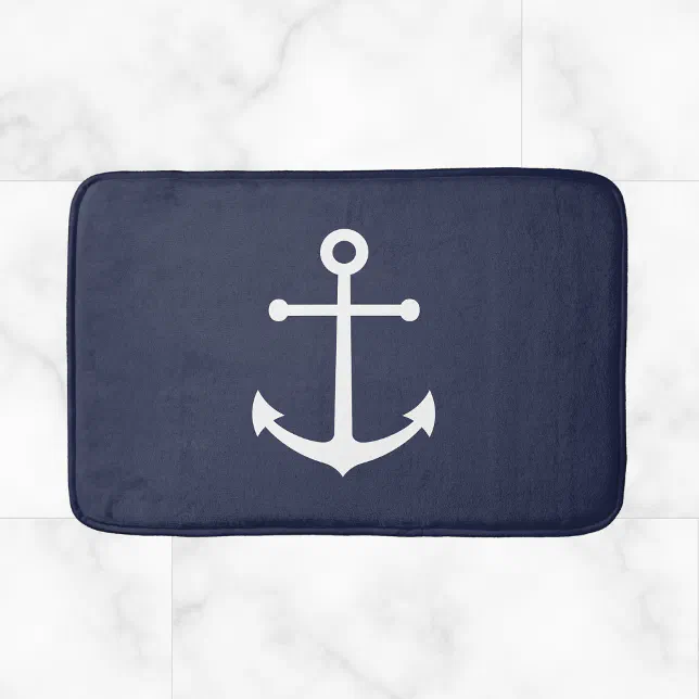 Nautical Navy Blue Anchor Bath Mat | Zazzle