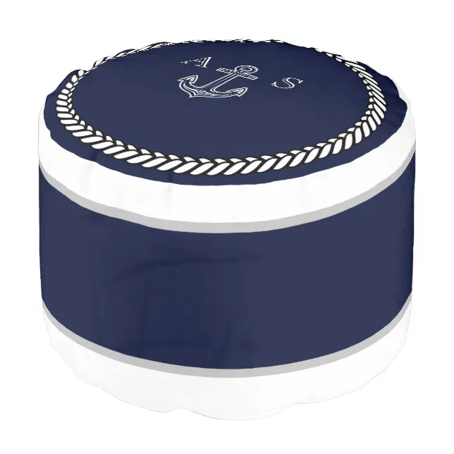Nautical Navy Blue Anchor Coastal Monogram Pouf | Zazzle