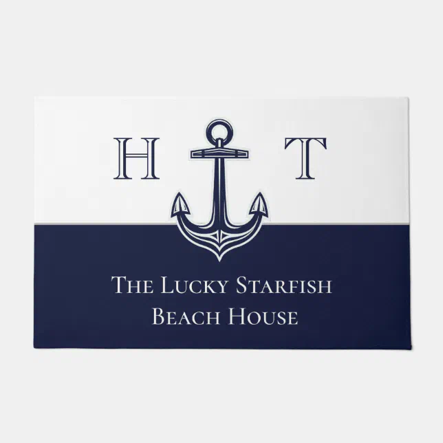 Nautical Navy Blue Anchor Coastal Monogrammed Door Doormat | Zazzle