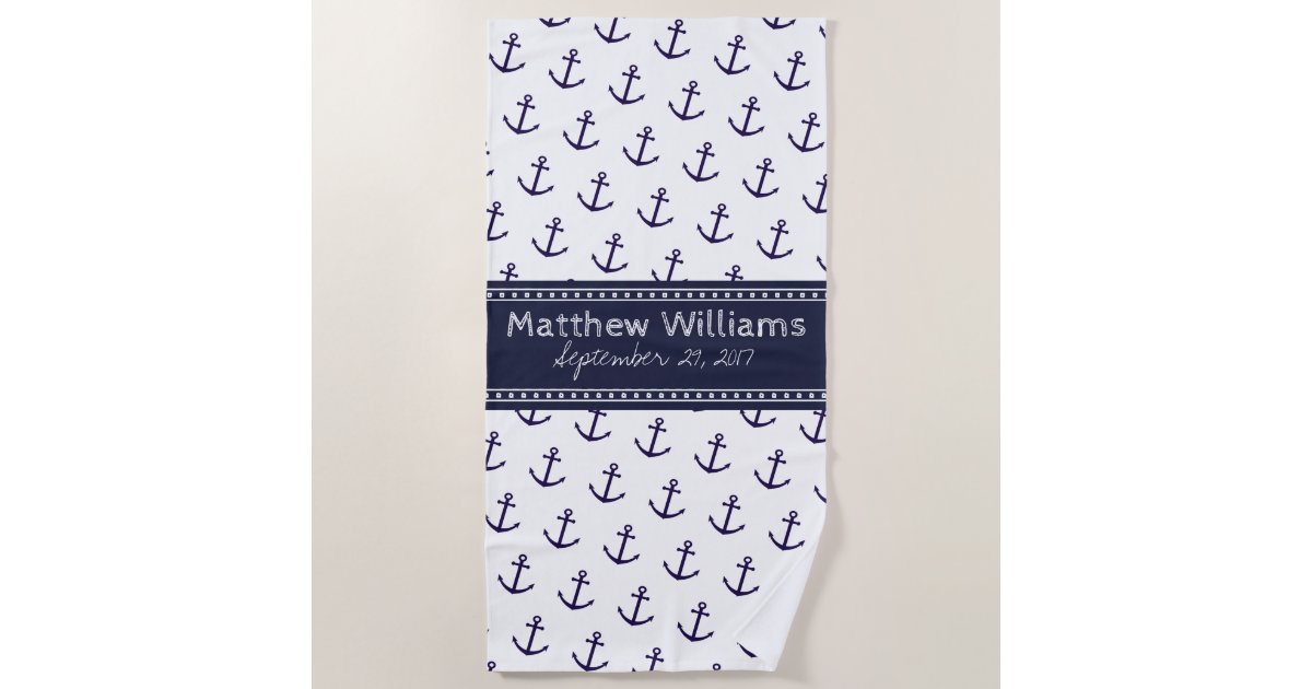 Nautical Navy Blue Anchor Custom Beach Towel | Zazzle