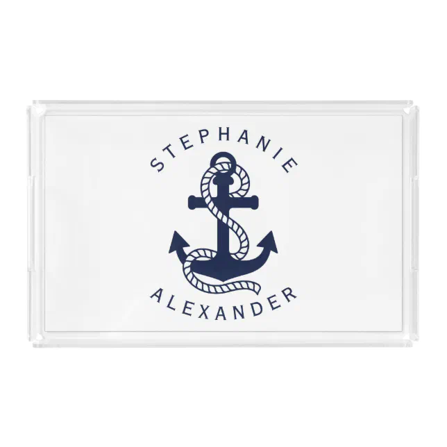 Nautical Navy Blue Anchor Custom Name Serving Tray | Zazzle