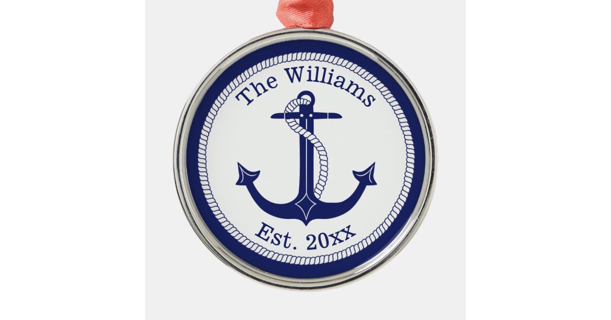 Nautical Navy Blue Anchor Family Name Metal Ornament | Zazzle