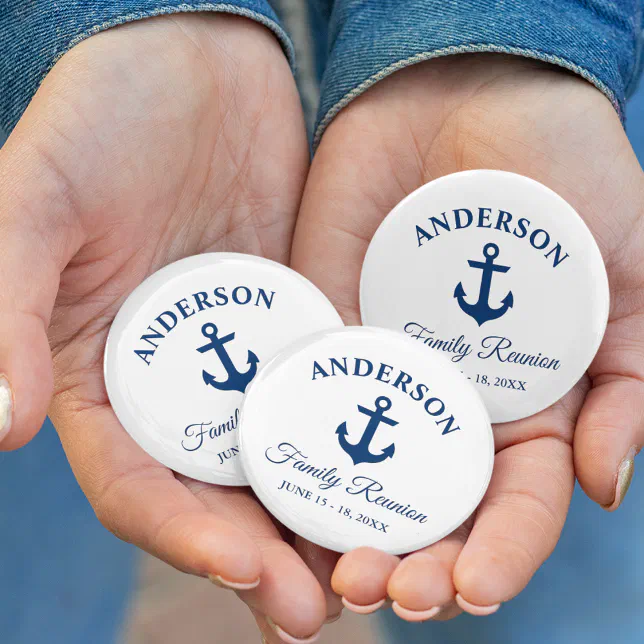 Nautical Navy Blue Anchor Family Reunion Button | Zazzle