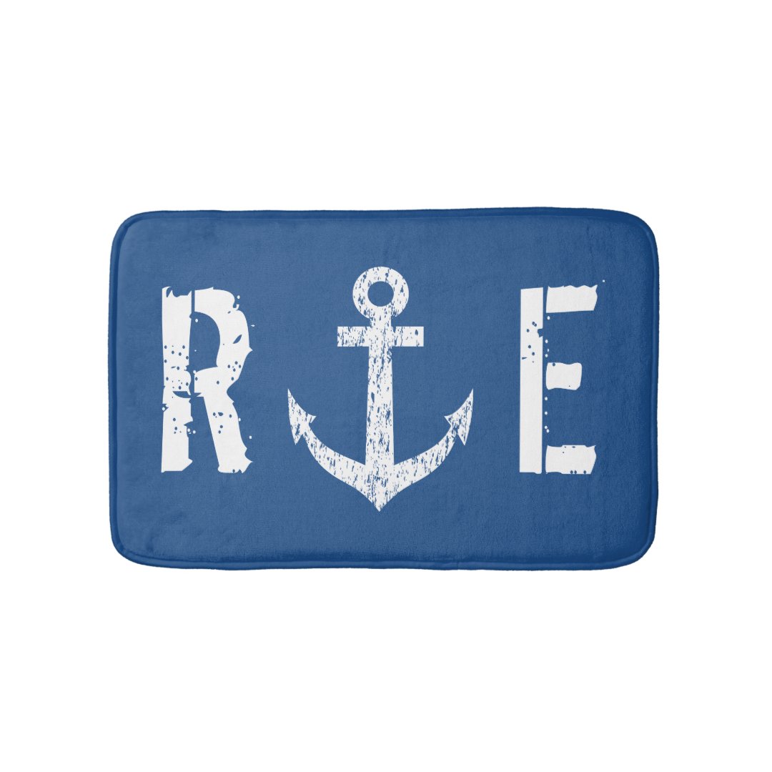 Nautical navy blue anchor monogram bath mat rug | Zazzle