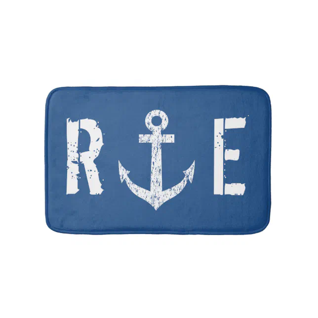 Nautical navy blue anchor monogram bath mat rug | Zazzle
