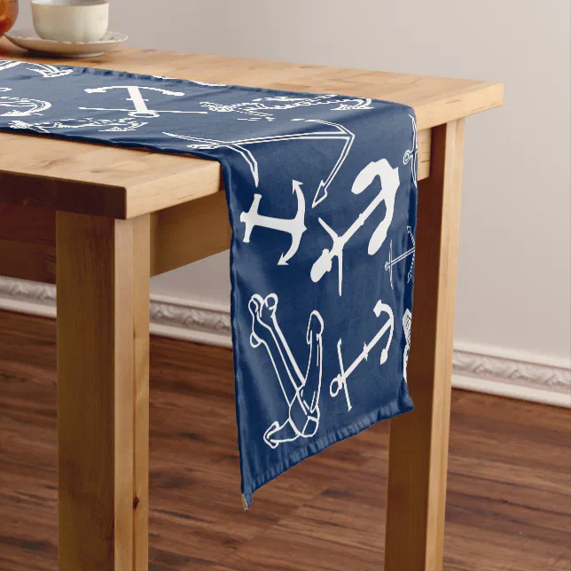 Nautical Navy Blue Anchor Pattern Short Table Runner | Zazzle
