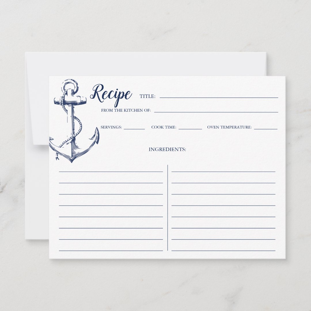 Nautical Navy Blue Anchor Recipe Card | Zazzle