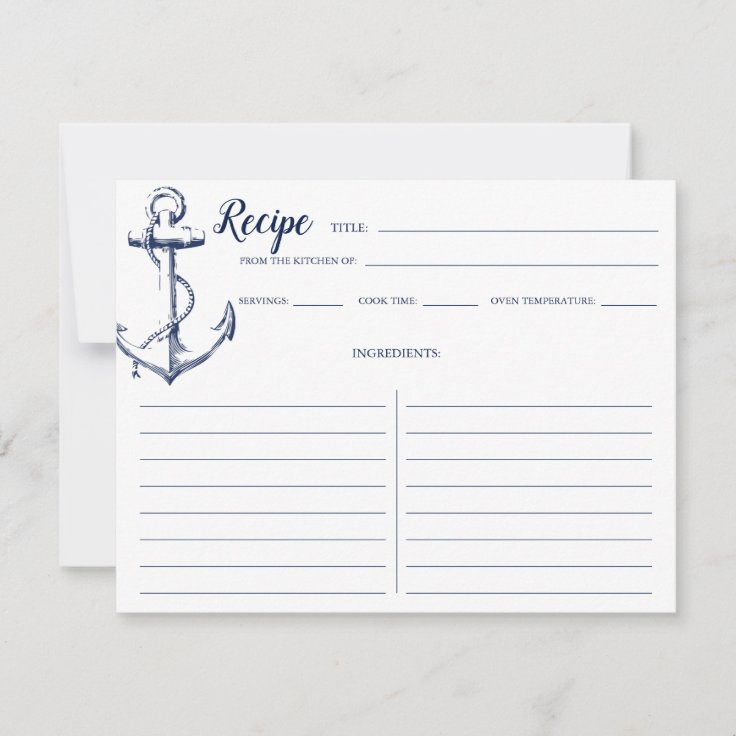 Nautical Navy Blue Anchor Recipe Card | Zazzle