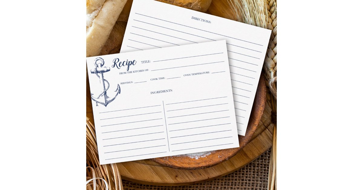 Nautical Navy Blue Anchor Recipe Card | Zazzle