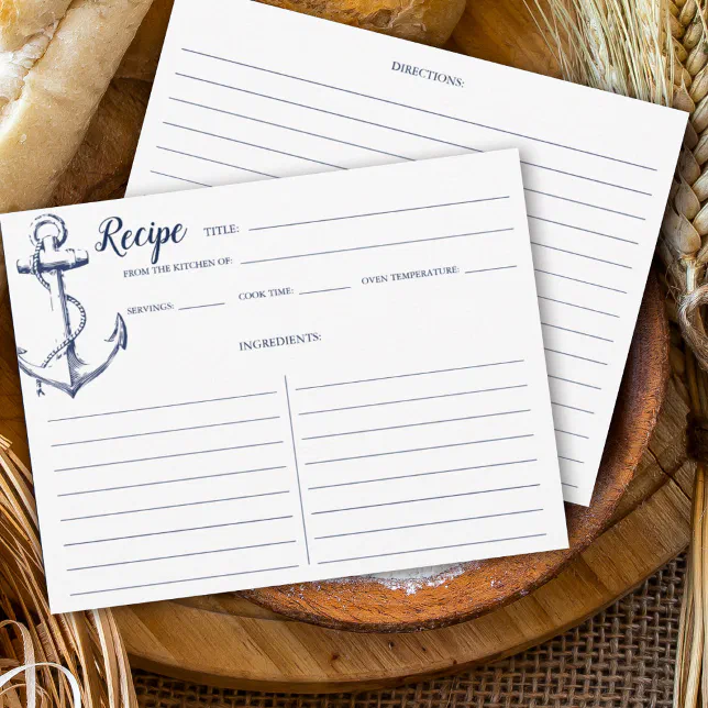 Nautical Navy Blue Anchor Recipe Card | Zazzle