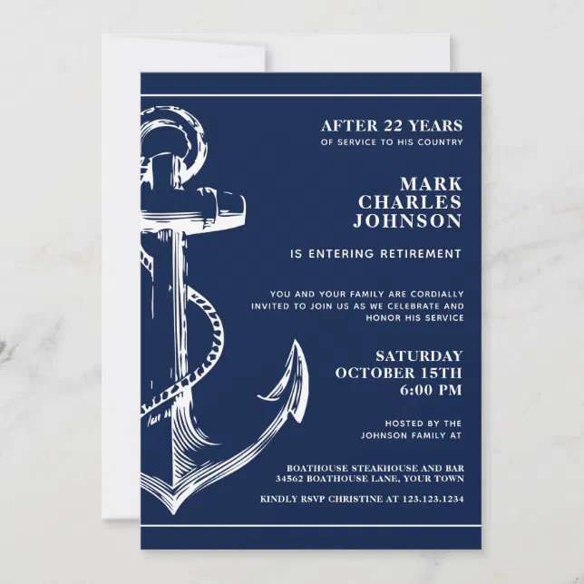 Nautical Navy Blue Anchor Retirement Invitation | Zazzle