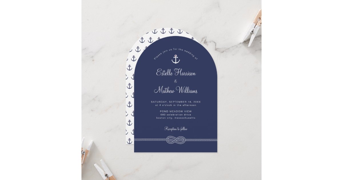 Nautical Navy Blue Anchor Rope Wedding Invitation | Zazzle