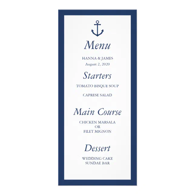Nautical Navy Blue Anchor Wedding Menu | Zazzle