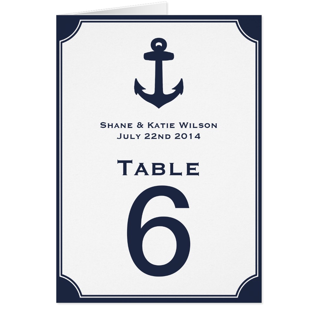 Nautical Navy Blue Anchor Wedding Table Number | Zazzle