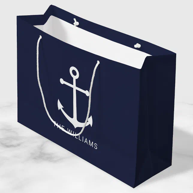Nautical Navy Blue Anchor with Custom Name Large Gift Bag | Zazzle
