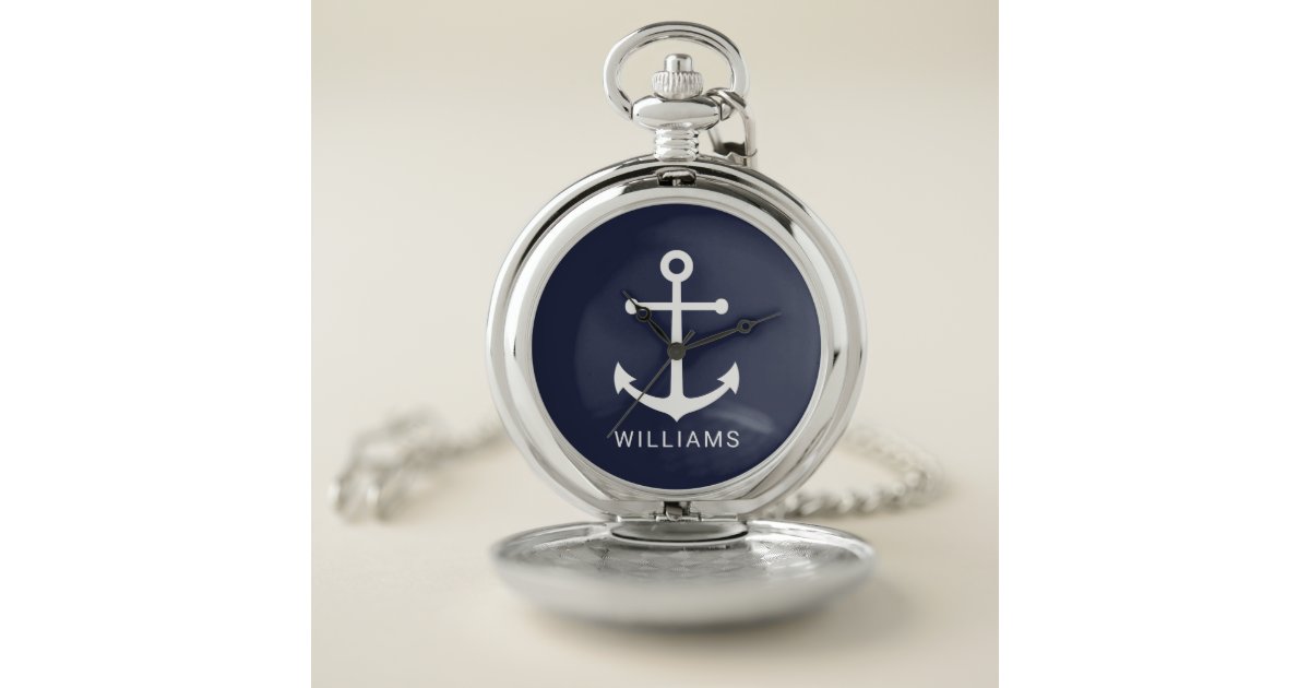 Nautical Navy Blue Anchor with Custom Name Pocket Watch | Zazzle