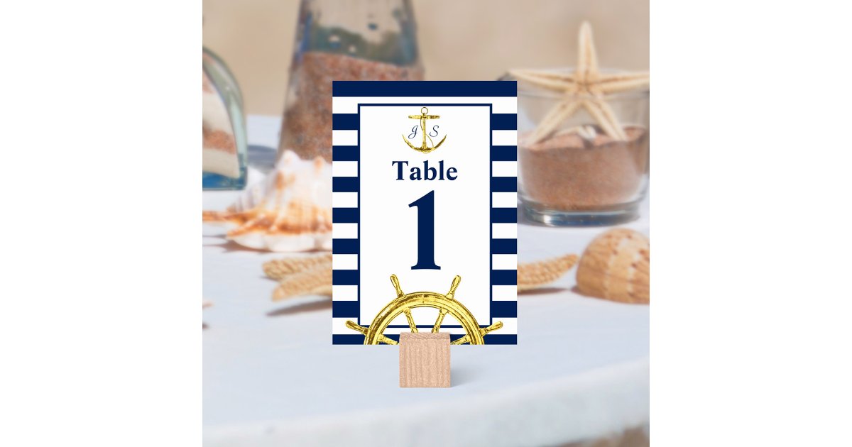 Nautical Navy Blue and Gold Wedding Table Number | Zazzle