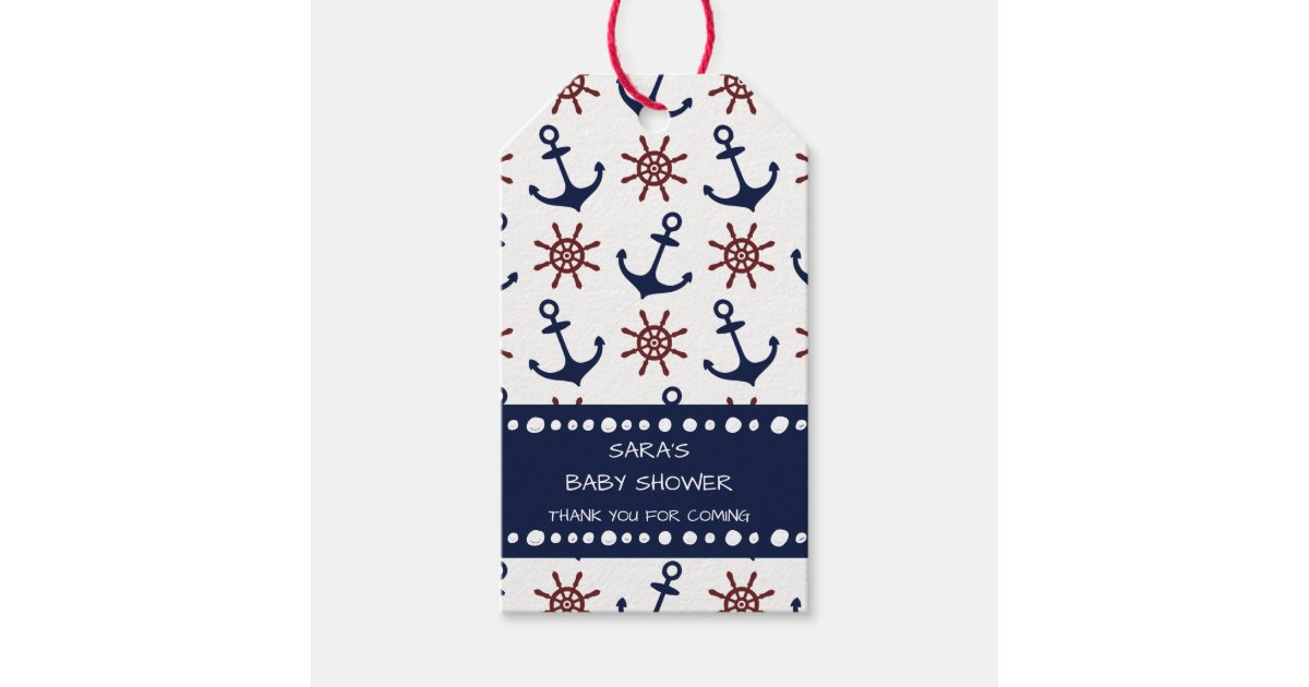 Nautical Navy Blue and red Anchor rudder pattern Gift Tags | Zazzle