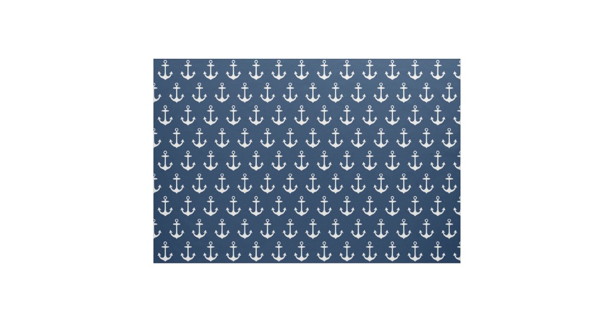 Nautical Navy Blue and White Anchors Pattern Fabric | Zazzle